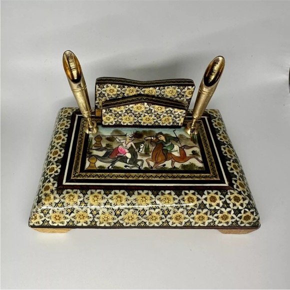 Office | Vintage Persian Khatam Inlaid Wooden Mosaic Double Pen Holder ...